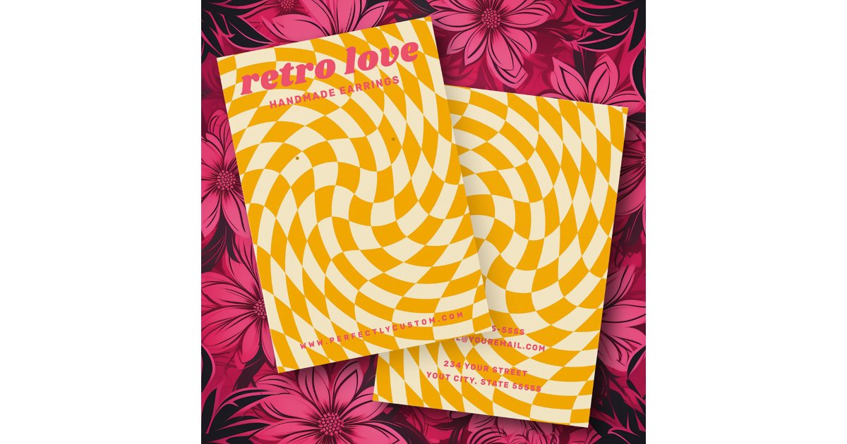 Retro checkerboard swirl wave yellow earring card | Zazzle