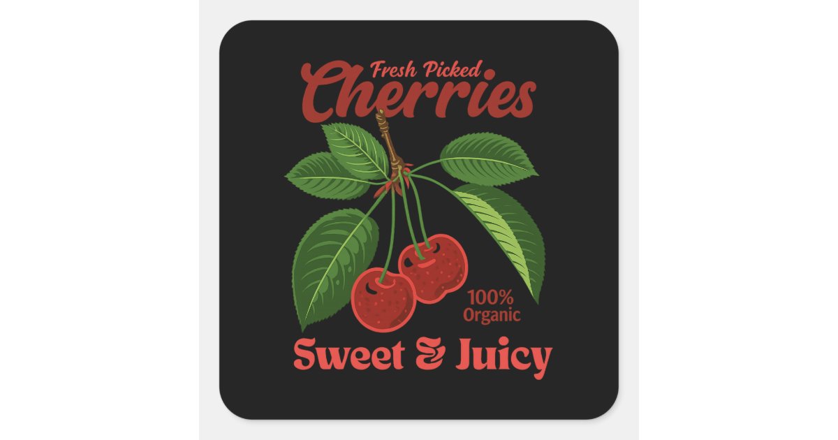 Retro Cherries Fruit Commercial Graphic Art Style Square Sticker | Zazzle