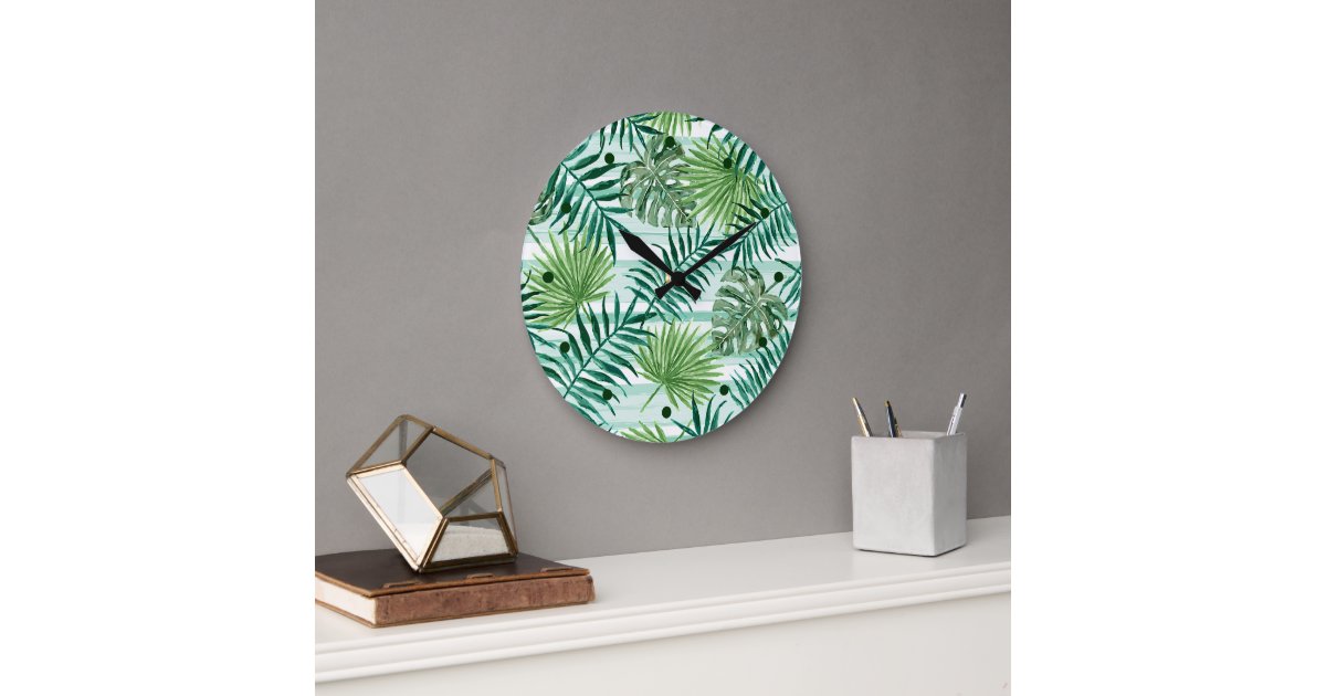Retro Chic Green Palm Leaves Watercolor Art Large Clock | Zazzle