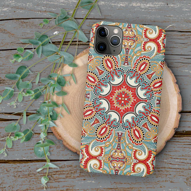 Retro Chic Red Teal Pretty Floral Mosaic Pattern Case-Mate iPhone Case ...