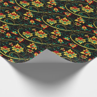 Retro Chic Russian Christmas Khokhloma Gift Wrapping Paper | Zazzle