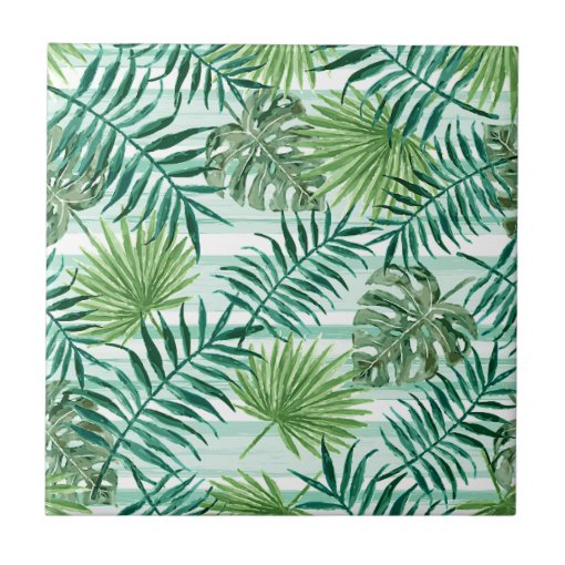 Retro Chic Tropical Green Palm Leaves Art Pattern Ceramic Tile | Zazzle