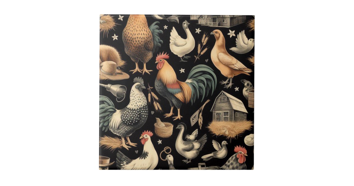 Retro Chicken Farm Pattern Ceramic Tile | Zazzle