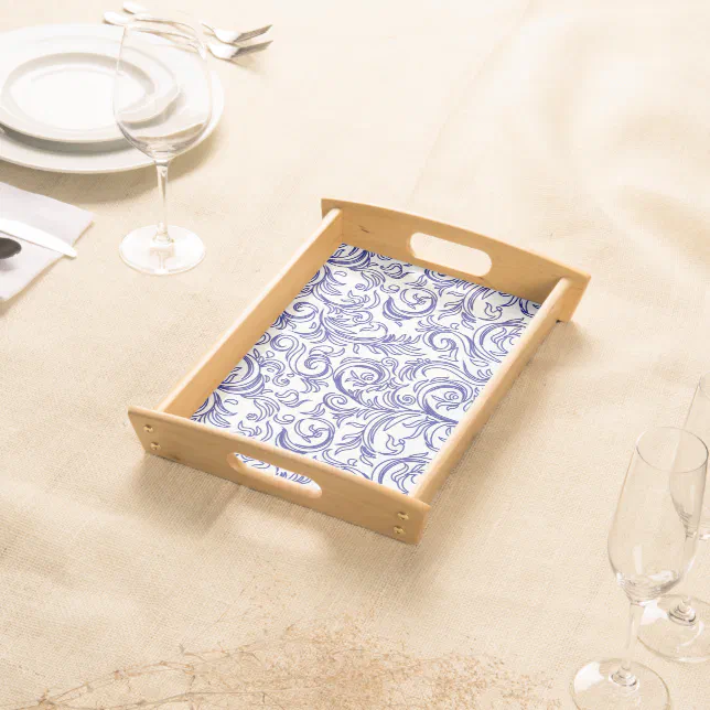 Retro Chinoiserie Blue and White Pattern Serving Tray | Zazzle
