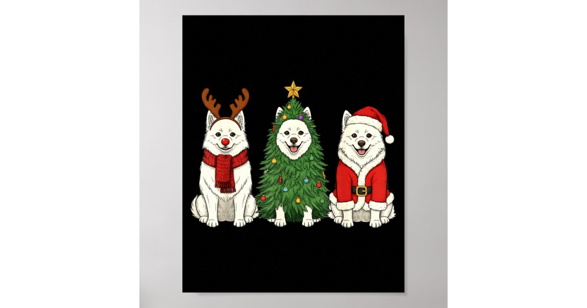 Retro Christmas American Eskimo Dog Santa Reindeer Poster | Zazzle