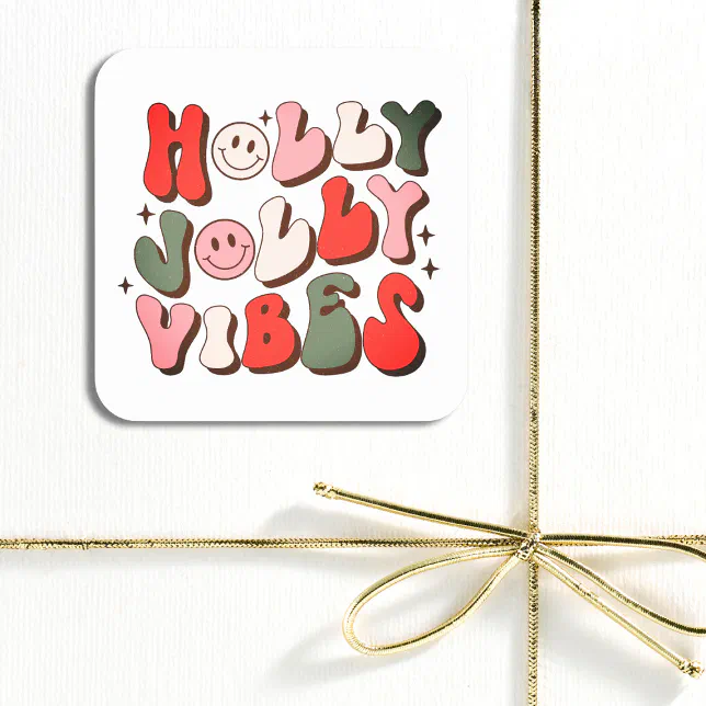 Retro Christmas Holly Jolly Vibes Trendy Holidays Square Sticker | Zazzle