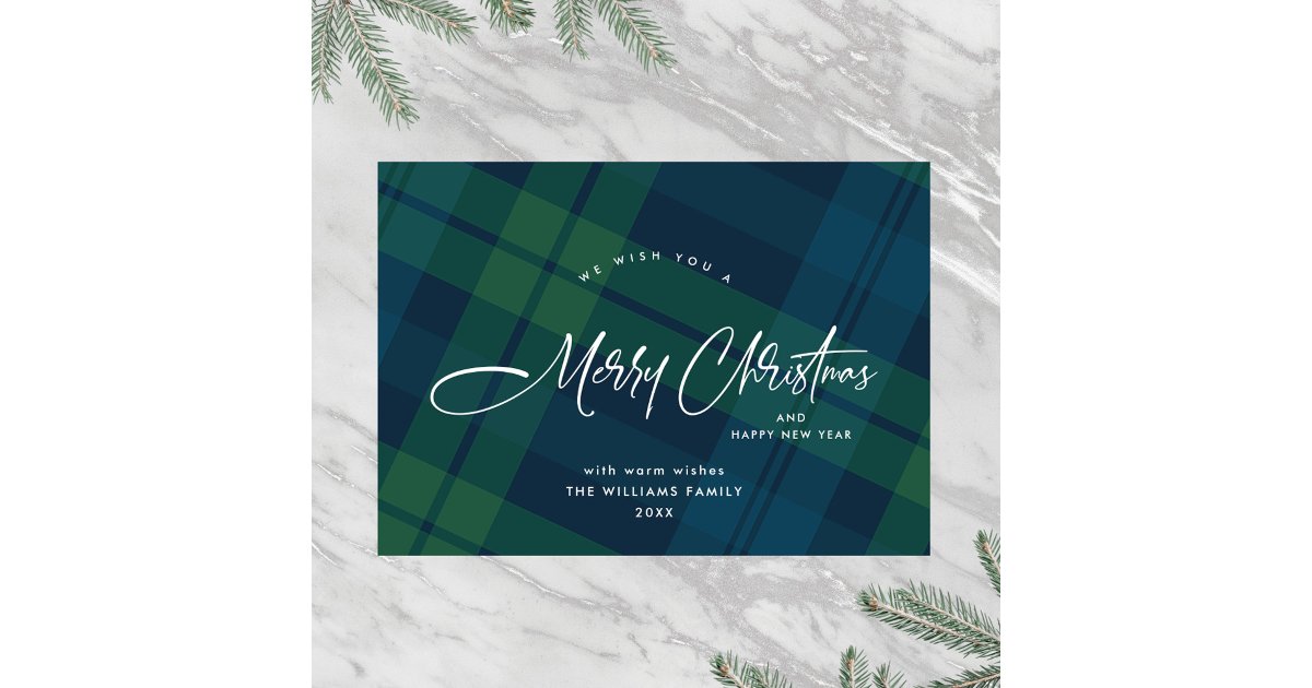 Retro Christmas Plaid Green Blue Greeting Holiday Card | Zazzle