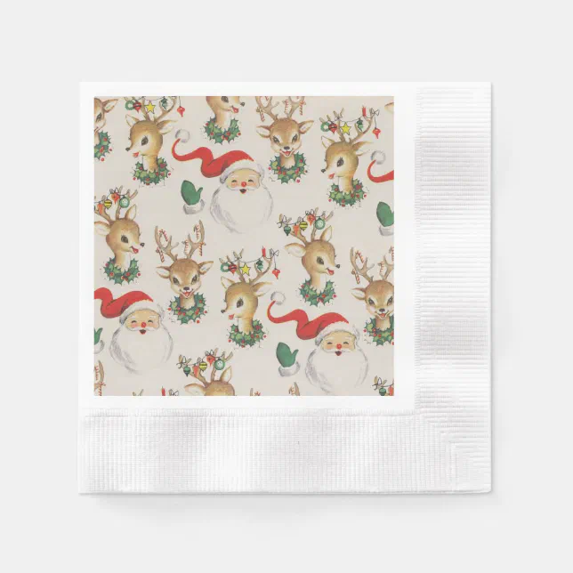 Retro Christmas Santa Claus, Reindeer Napkins | Zazzle