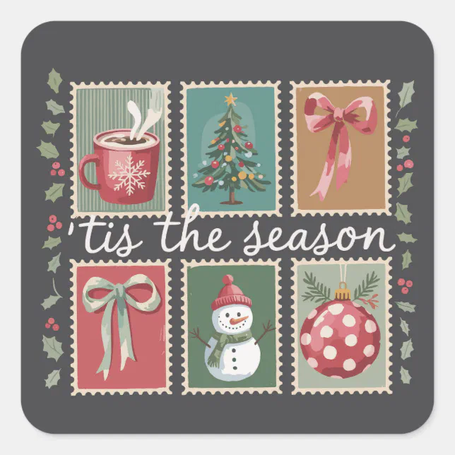 Retro Christmas Tis The Season Cozy Winter Santa Square Sticker | Zazzle