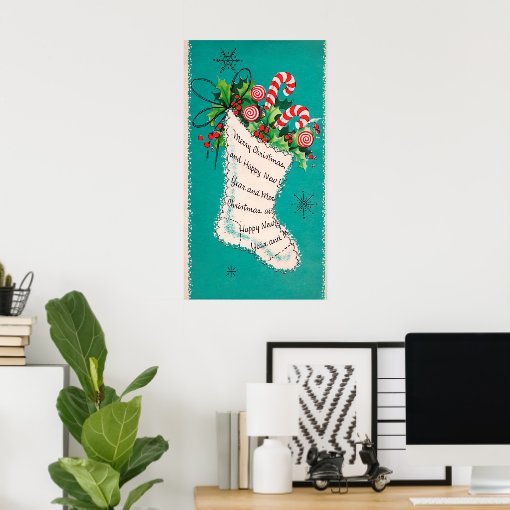 Retro Christmas Vintage stocking decor poster | Zazzle