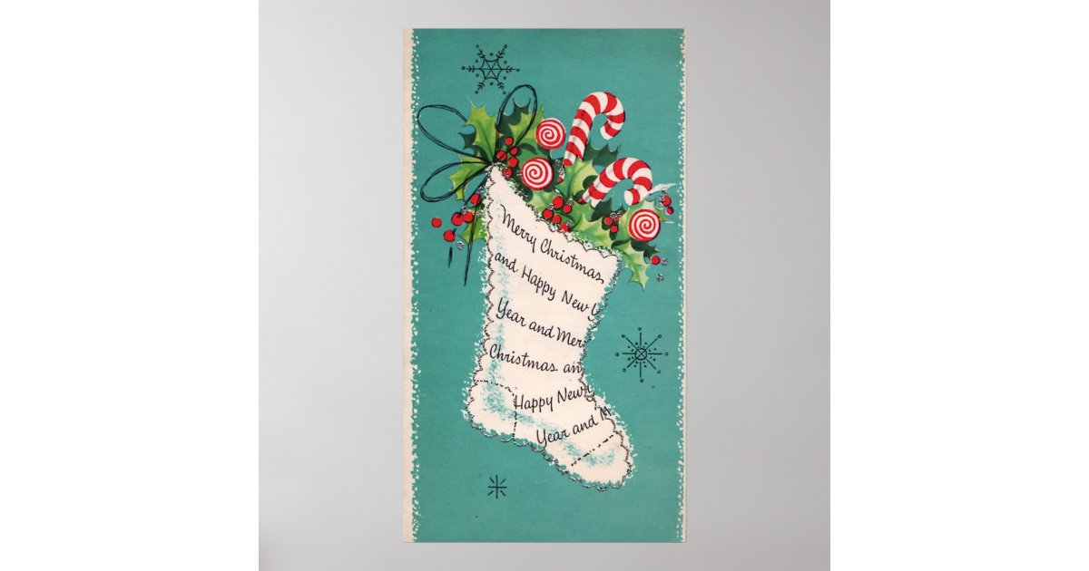 Retro Christmas Vintage stocking decor poster | Zazzle
