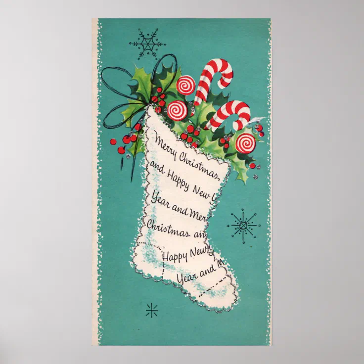Retro Christmas Vintage stocking decor poster | Zazzle