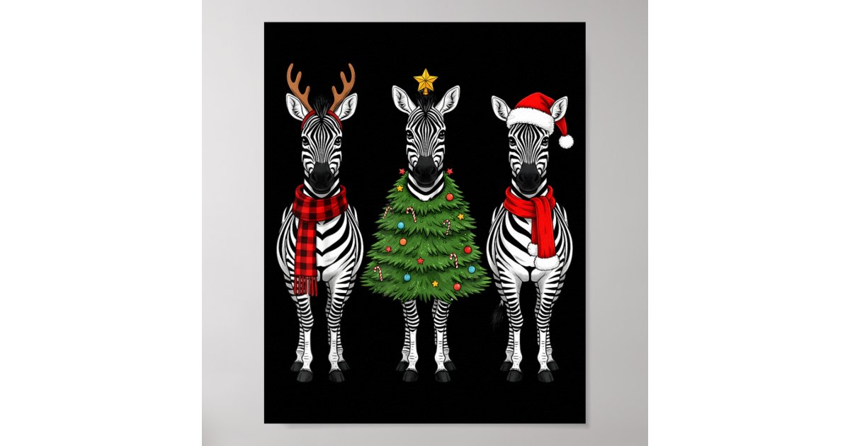 Retro Christmas Zebra Santa Reindeer Safari Animal Poster | Zazzle