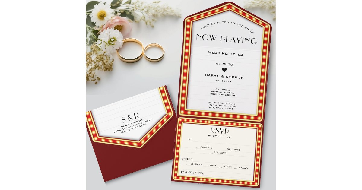 Retro Cinema Movie Theater Marquee Sign Wedding All In One Invitation ...