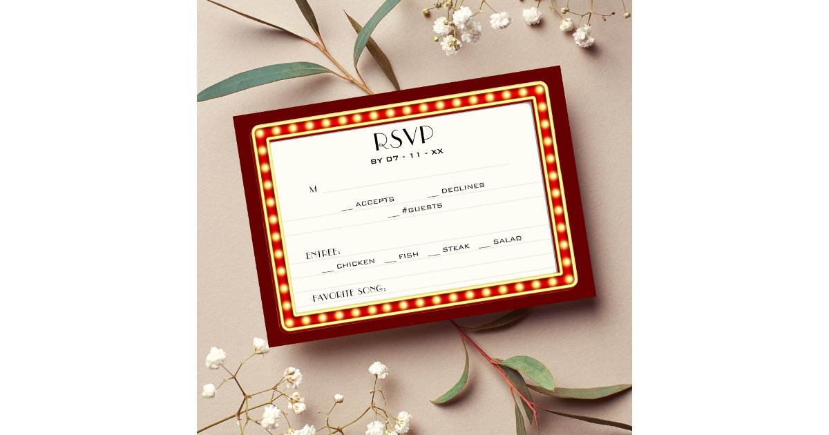 Retro Cinema Movie Theater Marquee Sign Wedding RSVP Card | Zazzle