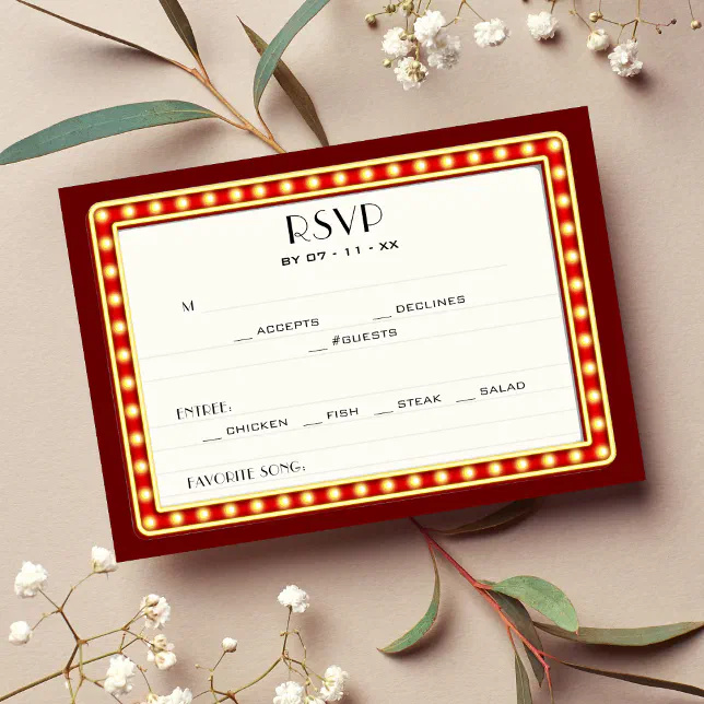 Retro Cinema Movie Theater Marquee Sign Wedding RSVP Card | Zazzle