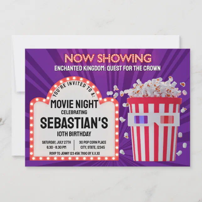 Retro Cinema Sign and Popcorn Birthday Movie Night Invitation | Zazzle
