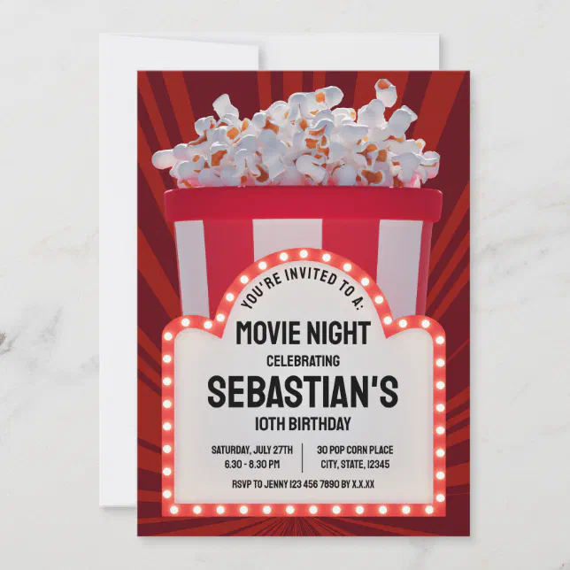 Retro Cinema Sign and Popcorn Birthday Movie Night Invitation | Zazzle