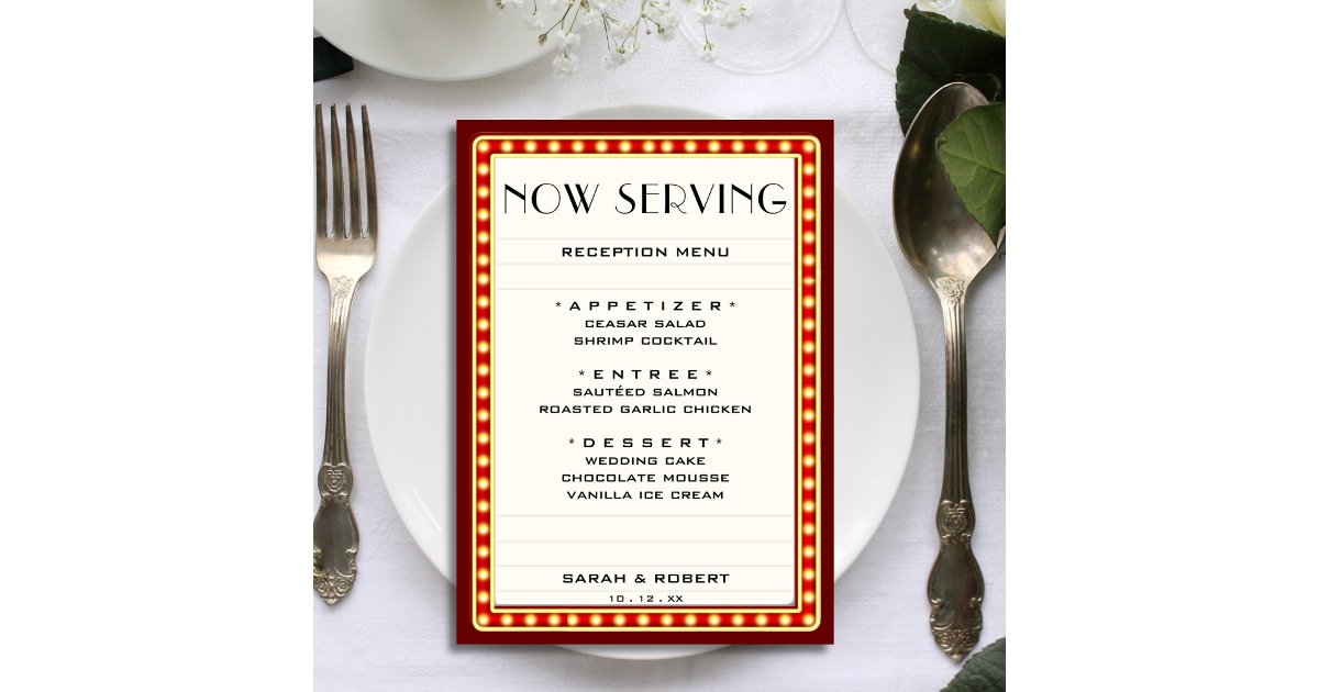 Retro Cinema Theater Marquee Sign Red Wedding Menu | Zazzle