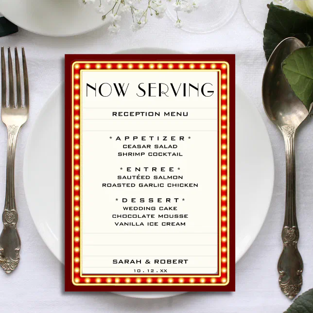 Retro Cinema Theater Marquee Sign Red Wedding Menu | Zazzle