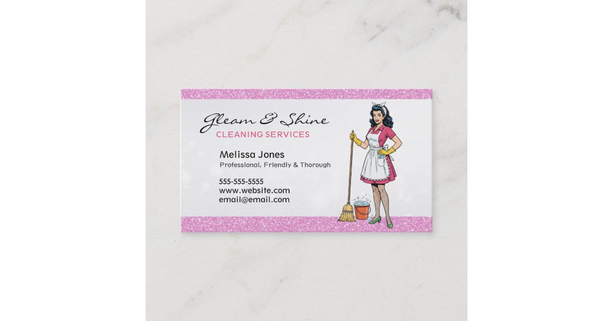 Retro Cleaning Lady Cleaner Pink Faux Glitter Business Card | Zazzle