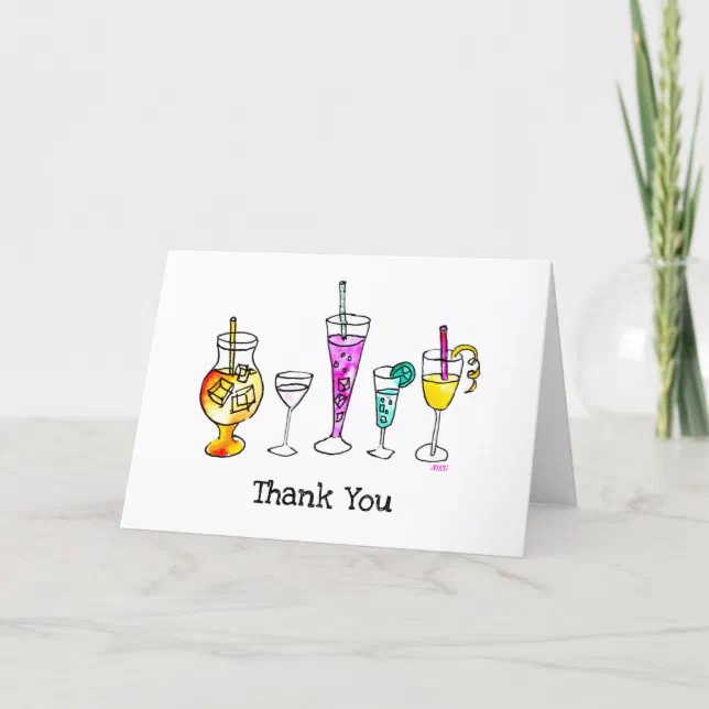 Retro Cocktail Cute Hand Drawn Art Thank You Card | Zazzle