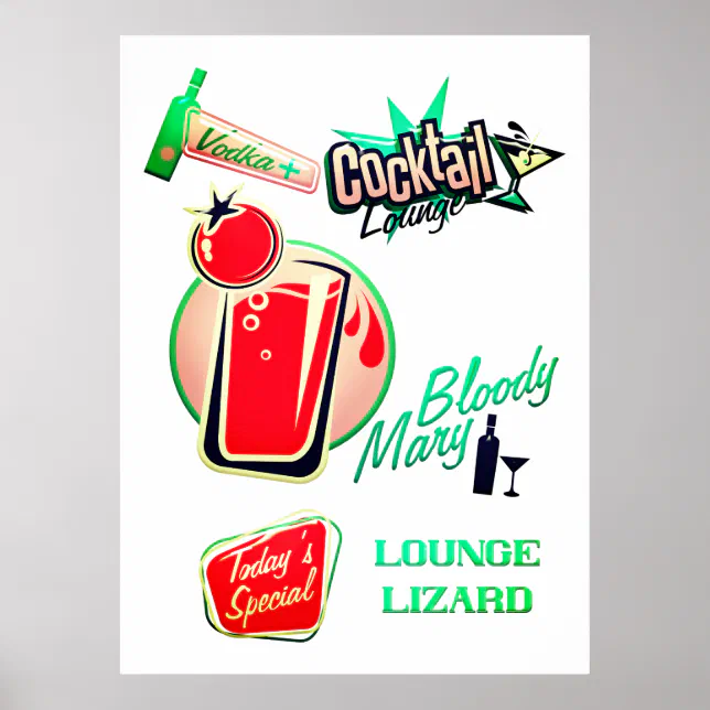 Retro cocktail lounge lizard bloody mary bar poster | Zazzle