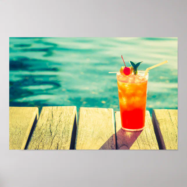 Retro cocktail sunset pool bar poster | Zazzle