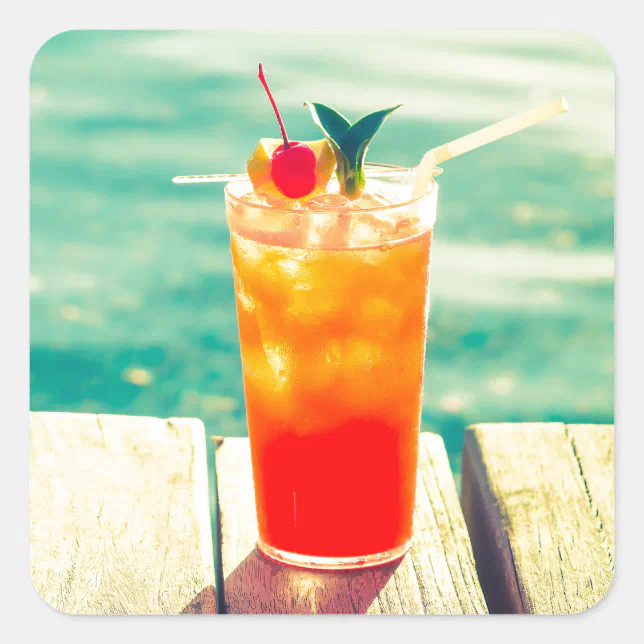 Retro cocktail sunset pool bar square sticker | Zazzle