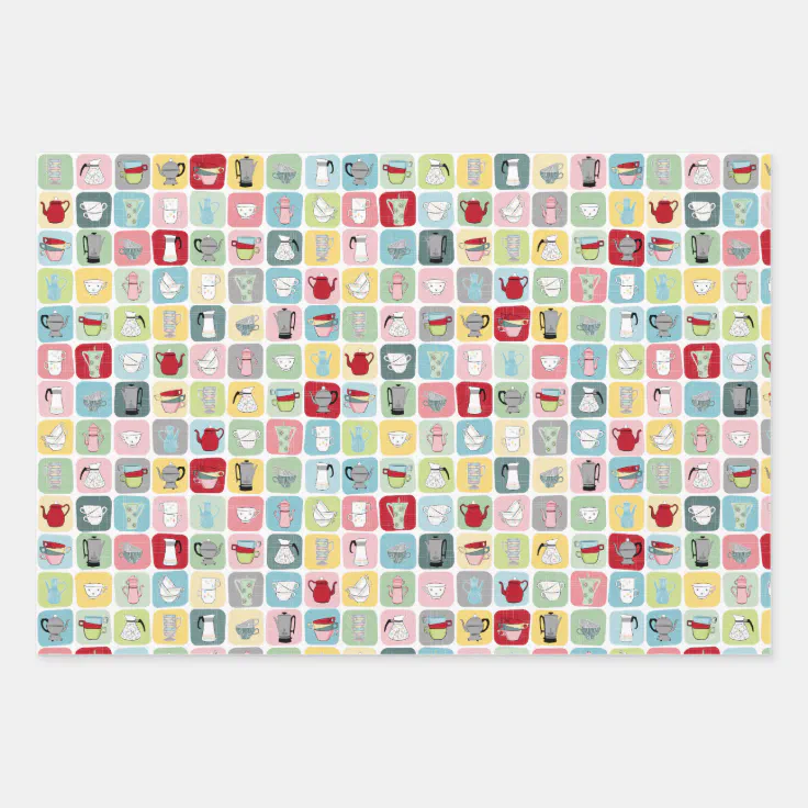 Retro Coffee Pots and Cups Pattern Wrapping Paper Sheets | Zazzle