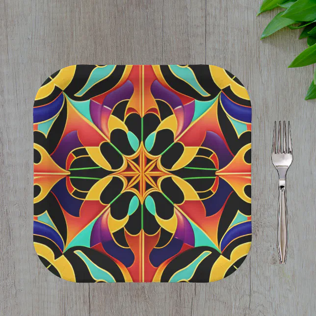 Retro Colorful Art Deco Illustration Paper Plates | Zazzle