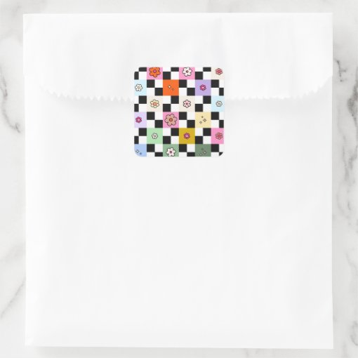 Retro Colorful Checkered Daisies Flower Check Square Sticker | Zazzle