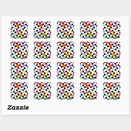 Retro Colorful Checkered Daisies Flower Check Square Sticker | Zazzle