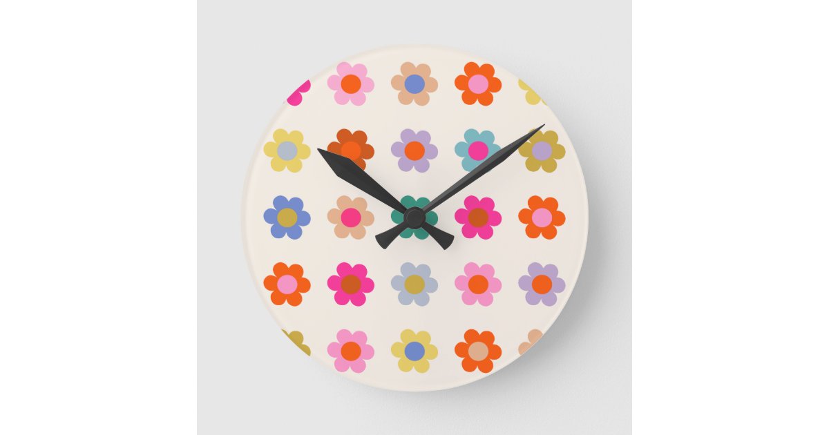 Retro Colorful Floral Preppy Abstract Flowers Round Clock | Zazzle