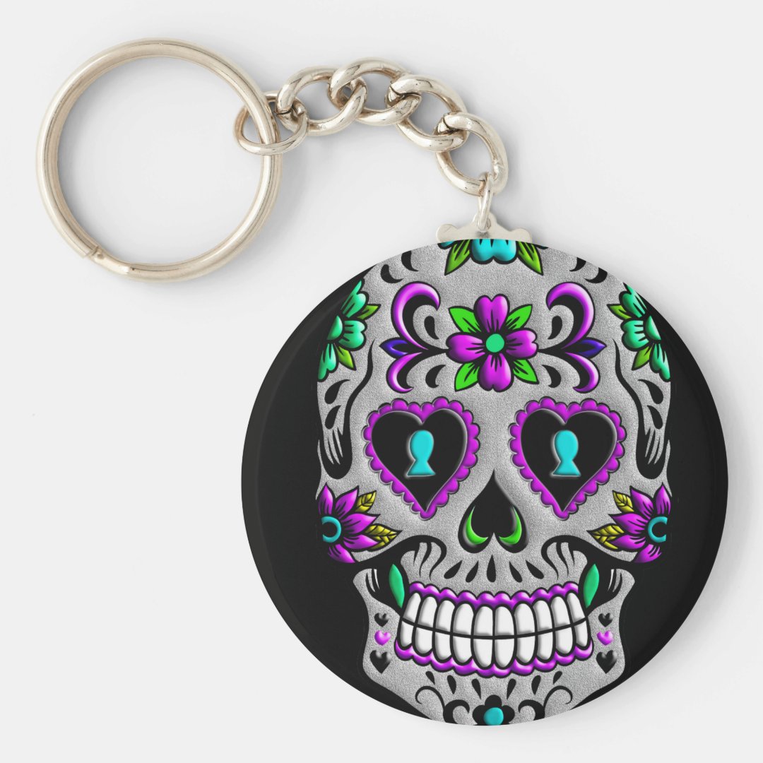 Retro Colorful Sugar Skull Keychain | Zazzle