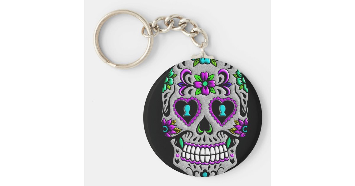 Retro Colorful Sugar Skull Keychain | Zazzle.com