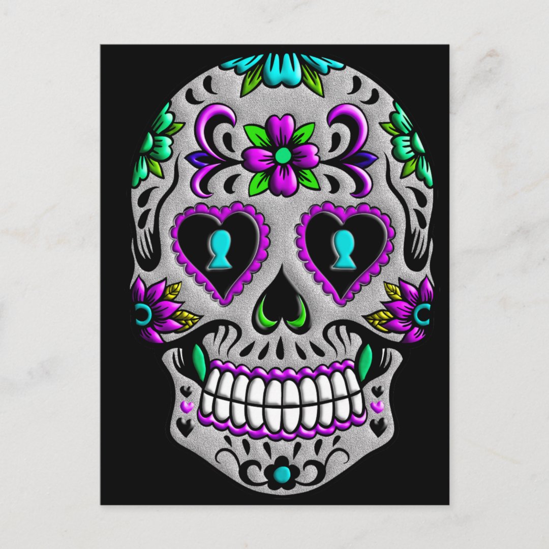 Retro Colorful Sugar Skull Postcard | Zazzle