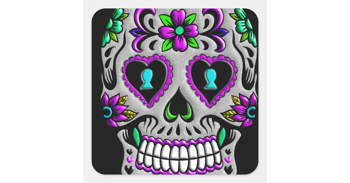 Retro Colorful Sugar Skull Square Sticker | Zazzle