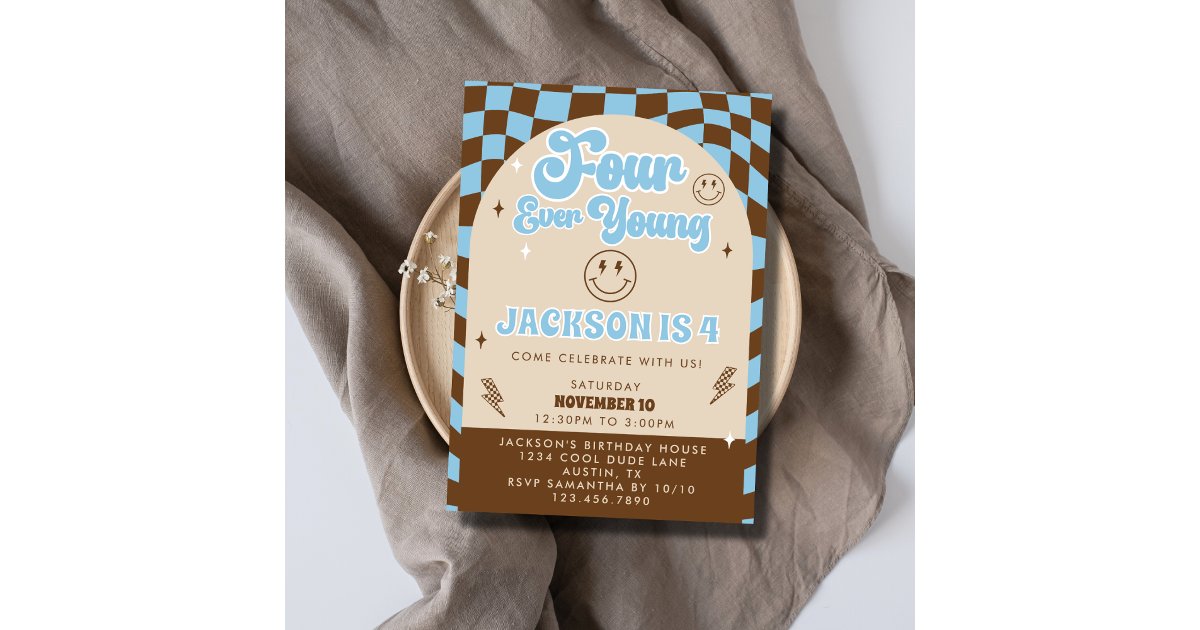 Retro Cool Four Ever Young Boys 4th Birthday Party Invitation | Zazzle