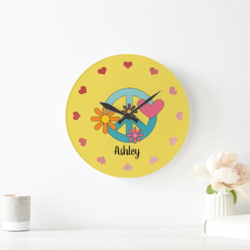 Retro Cool Peace Sign Personalized Large Clock | Zazzle