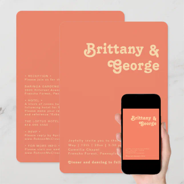 Retro Coral All In One Rounded Edges Wedding Invitation | Zazzle