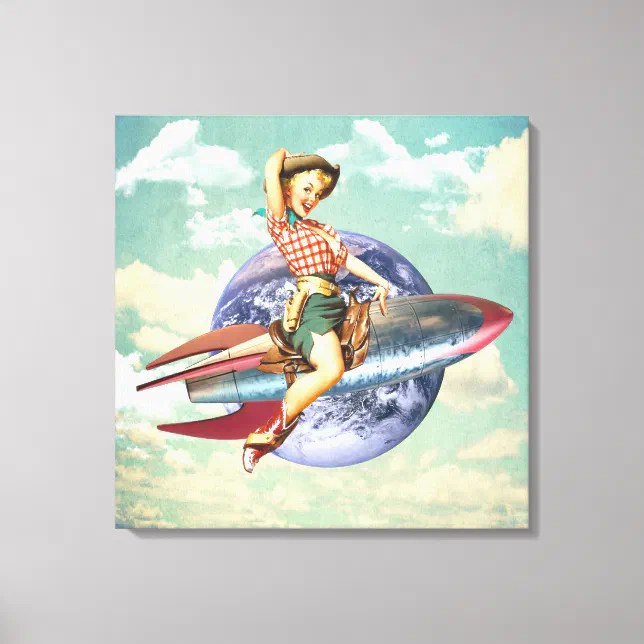 Retro Cosmic Cowgirl Pinup Rocket Surreal Collage Canvas Print | Zazzle