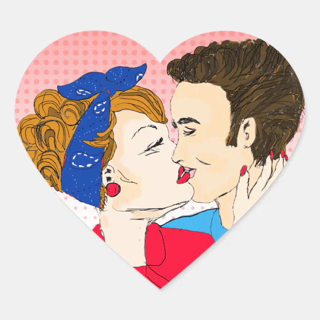 Retro Couple Kissing Romantic Flirty Heart Sticker | Zazzle