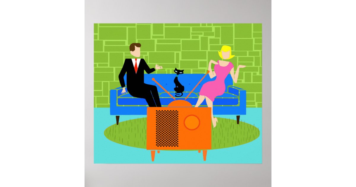 Retro Couple with Cat Poster | Zazzle