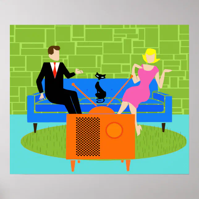 Retro Couple with Cat Poster | Zazzle