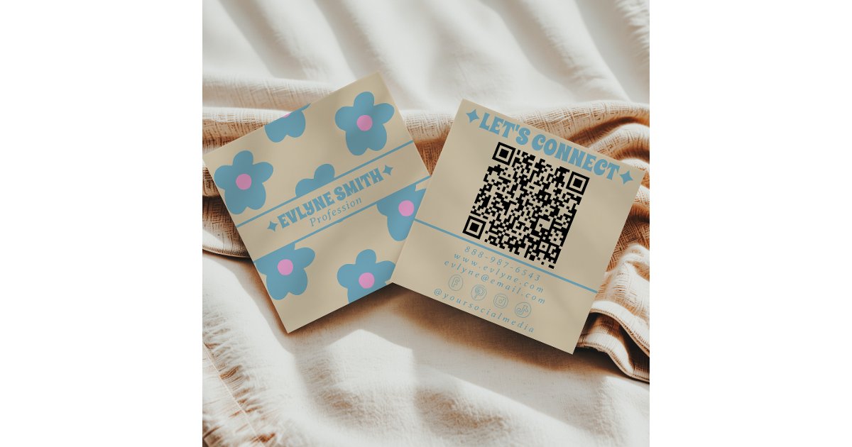 Retro Cream Blue QR Code Groovy Floral Fun Boho Square Business Card ...