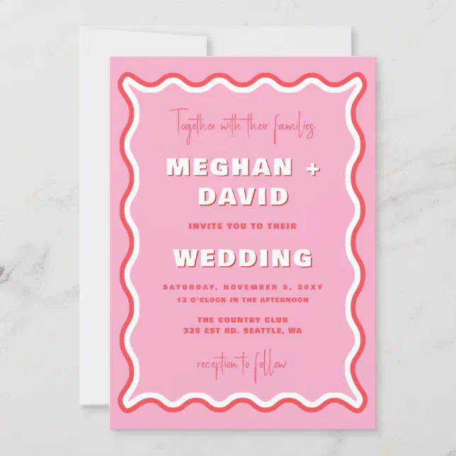 Retro Curve Squiggle Wavy Pink Red Photo Wedding Invitation | Zazzle