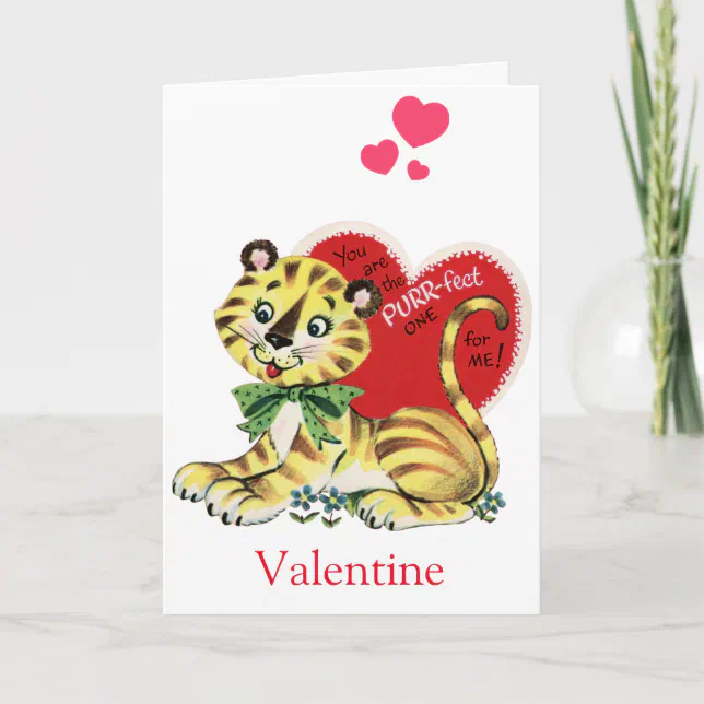 Retro Cute Tiger Kitty Valentines Card | Zazzle