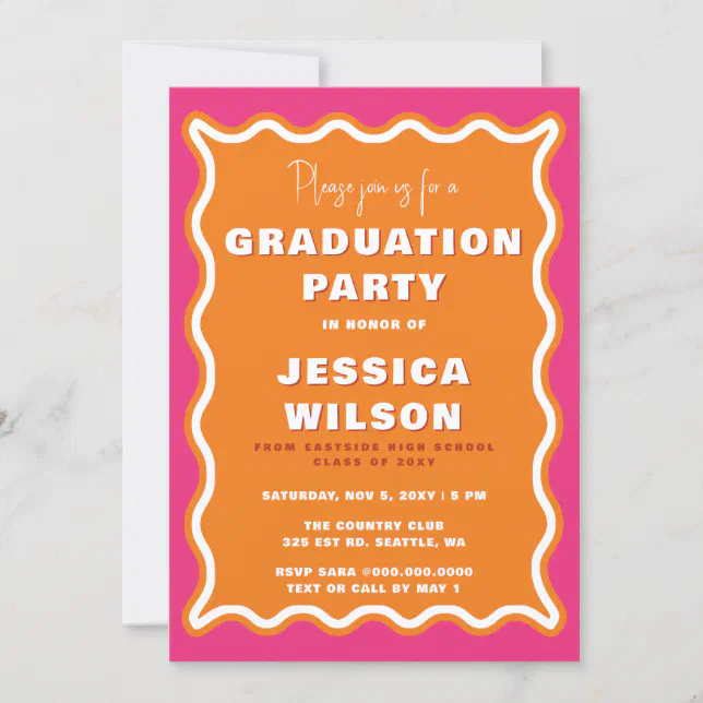Retro Cute Wavy Pink Orange Photo Graduation Invitation | Zazzle