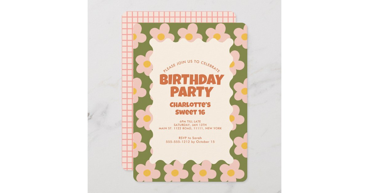Retro Daisy Checker Sweet 16 Birthday Party Invitation | Zazzle